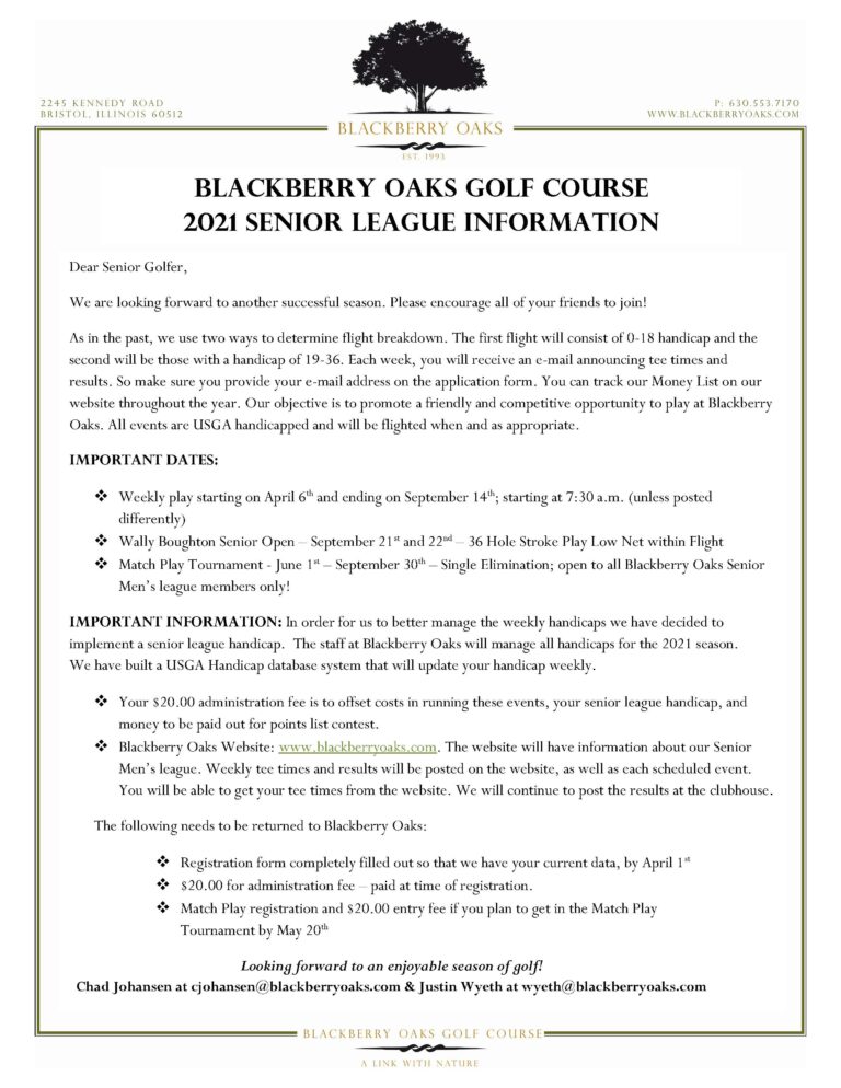 Blackberry Oaks Golf Course – SENIOR LEAGUE